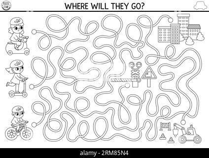 Transportation black and white maze for kids with school bus and pupils ...