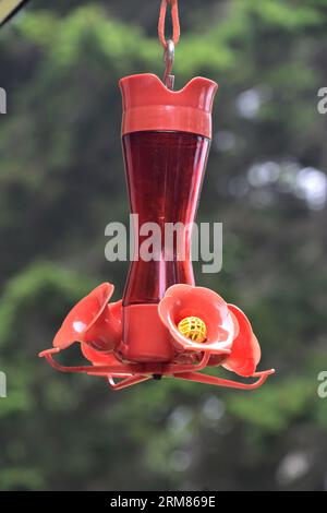 Red hummingbird feeder waiting for the hummingbirds to come for a sip ...