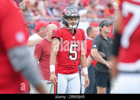 Tampa Bay Buccaneers punter Jake Camarda (5) prepares to punt the ball ...