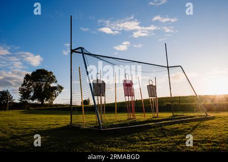 Gaelic football goal, with obstacles for training Stock Photo - Alamy