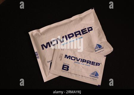 Photo of Moviprep medicine consisting of two sachets with powder; lemon flavoured laxative, used ...