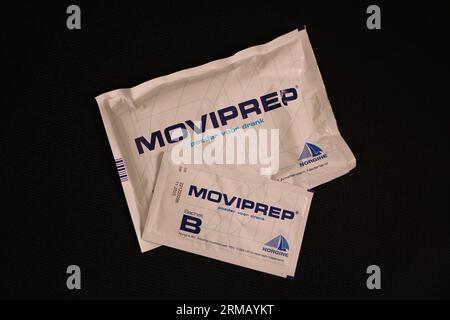 Photo of Moviprep medicine consisting of two sachets with powder; lemon flavoured laxative, used ...