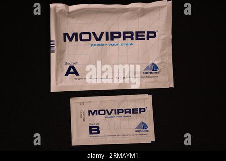 Photo of Moviprep medicine consisting of two sachets with powder; lemon flavoured laxative, used ...