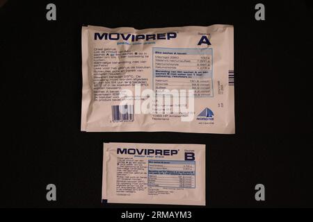 Photo of Moviprep medicine consisting of two sachets with powder; lemon flavoured laxative, used ...