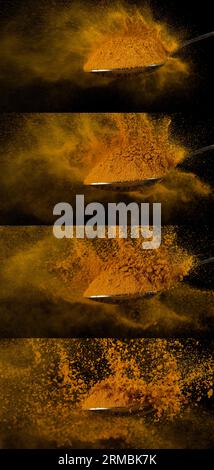 Spoon and Curry Powder falling from Spoon against Black Background ...