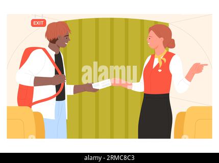 Airplane passenger with boarding pass. Cabin crew assistance on ...