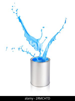 Can with splashing light blue paint isolated on white Stock Photo - Alamy