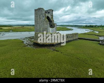 Aerial view of Carrigafoyle castle, ruined Irish tower house in Munster ...
