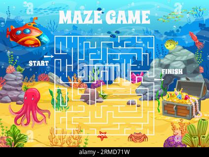 Labyrinth maze. Help to explorers on submarine find a treasure chest on ...