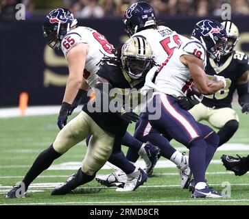 Houston Texans wide receiver Xavier Hutchinson (19) is tackled by ...