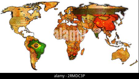 BRICS member countries flags on political world map with national ...