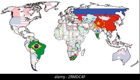 BRICS member countries flags on political world map with national ...