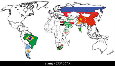 BRICS member countries flags on political world map with national ...