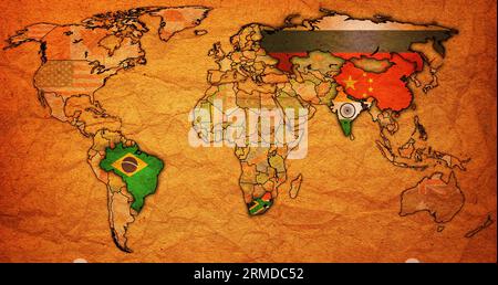 BRICS member countries flags on political world map with national ...
