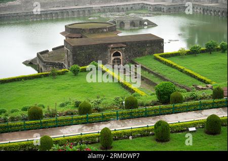 Partial view of Jahaz Mahal, built on a narrow strip of land between ...