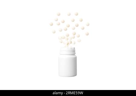 Multicolored pills and capsules in plastic bottle on Colored background ...