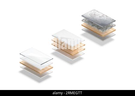 Blank marble, metal, wood and concrete material layers mockup, 3d rendering. Empty layered ...