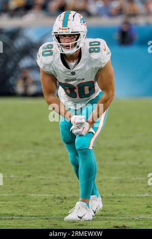 Miami Dolphins tight end Tanner Conner (80) walks to the line during a ...