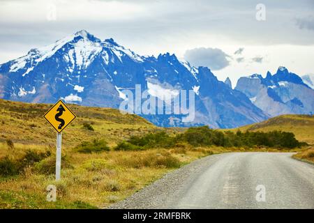 Winging road sign in the national park Torres del Paine, Patagonia ...