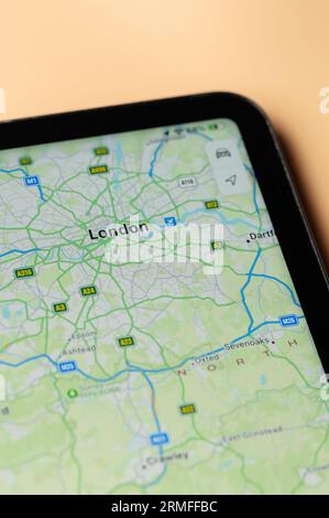 Map of London in Google Maps software seen on computer screen in ...