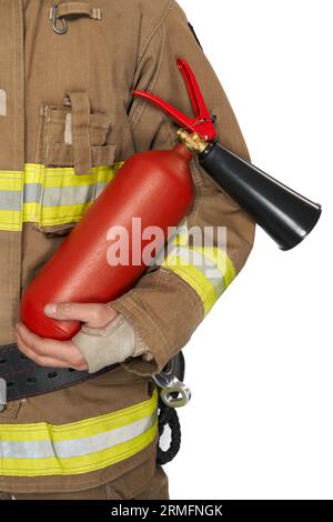 Crop view of male firefighter carrying fire tools in black holder ...