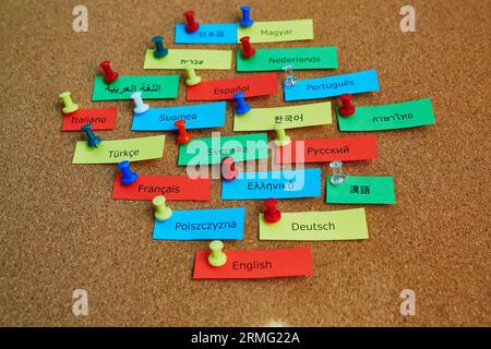 Different language names on colorful paper notes pinned to cork board ...