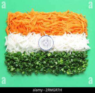 Indian flag made of fresh vegetables on green background Stock Photo ...