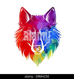 Colored mosaic wolf head. Wolf print on a T-shirt. Hand drawing. Not AI ...