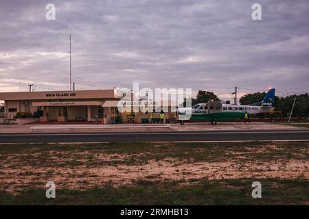 the Maya Island Air terminal building at Placencia Airport, a small ...