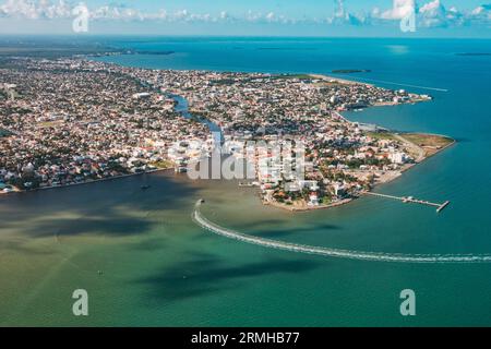 an aerial view the Belize City peninsula and Haulover Creek river mouth ...