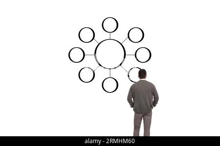 Logic. Man standing in front of diagram on white background, back view ...