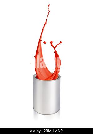 Can with splashing red paint isolated on white Stock Photo - Alamy