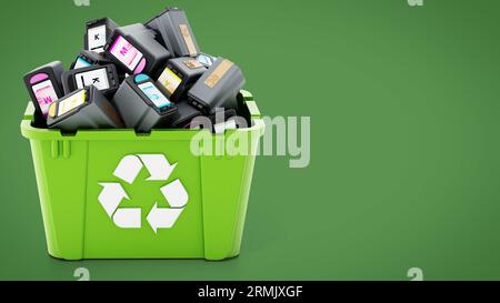 Used inkjet printer cartridges inside green recycle box. 3D ...
