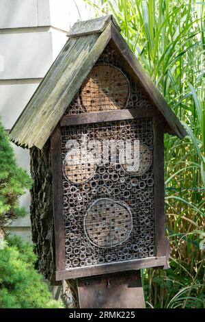 House for insects. A box made of bark, straw and stones. Bricks, cones ...