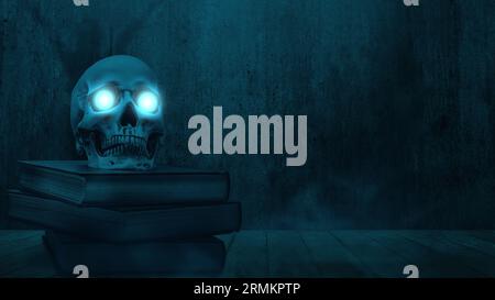Stack of spell books with a human skull head with night scene ...