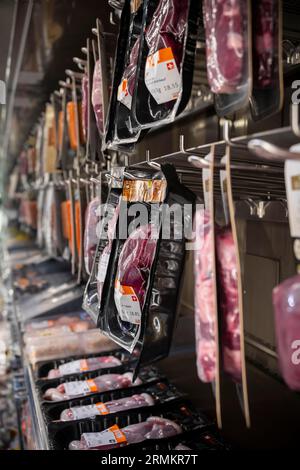 Meat counter, beef shrink-wrapped, supermarket food, Switzerland Stock ...