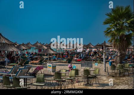 Golem, Durres, Albania - 22 august 2023: Aerial view to sandy beach ...