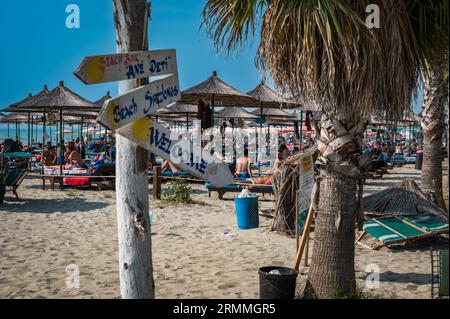 Golem, Durres, Albania - 22 august 2023: Aerial view to sandy beach ...