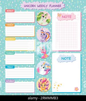 Timetable with cute cartoon unicorns. Rainbow girly weekly planner ...