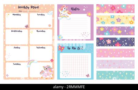 Timetable with cute cartoon unicorns. Rainbow girly weekly planner ...