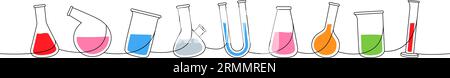 Laboratory glassware one line colored continuous drawing. Conical flask ...