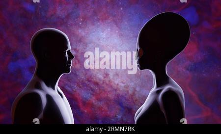 Telepathic communication between alien and human. 3d render ...