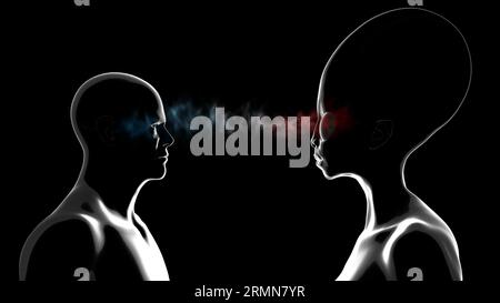 Telepathic communication between alien and human. 3d render ...