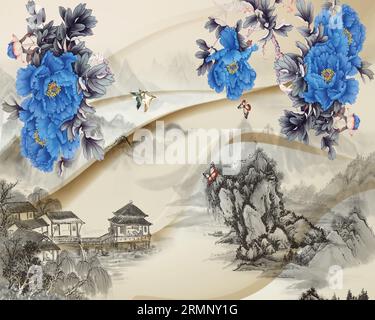 3d wallpaper blue rose flower and butterfly and swan beautiful design ...