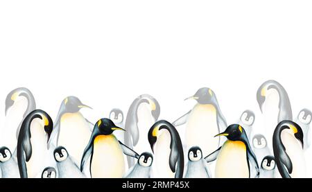 Watercolor border with king penguin family, blue whales isolated on ...