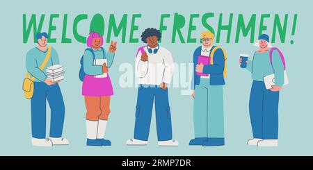 Welcome to university or college banner with students flat vector ...