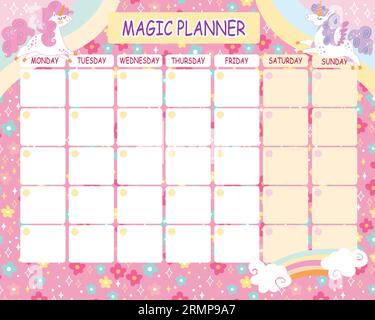 Timetable with cute cartoon unicorns. Rainbow girly weekly planner ...