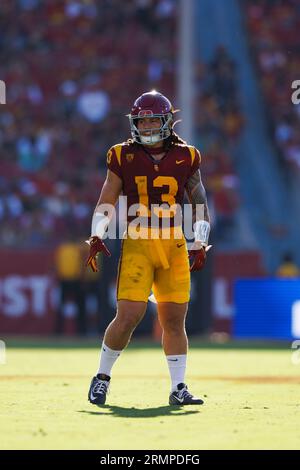 USC Trojans linebacker Mason Cobb (13) misses on a tackle against UCLA ...