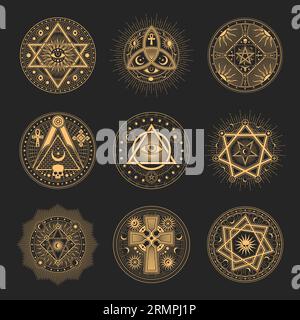 Mason signs, occult and esoteric pentagram symbols, magic tarot. Mason ...