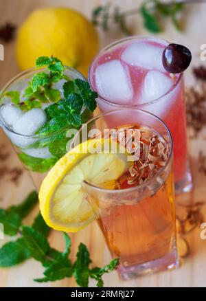 Fresh summer cocktails or mocktails, cold drinks with lavender and ...